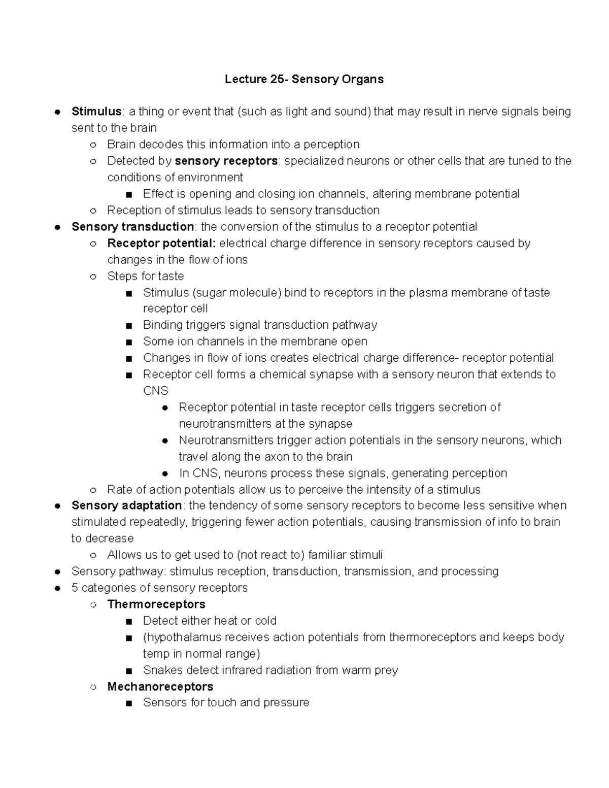 Lecture 25- Sensory Organs - Studocu