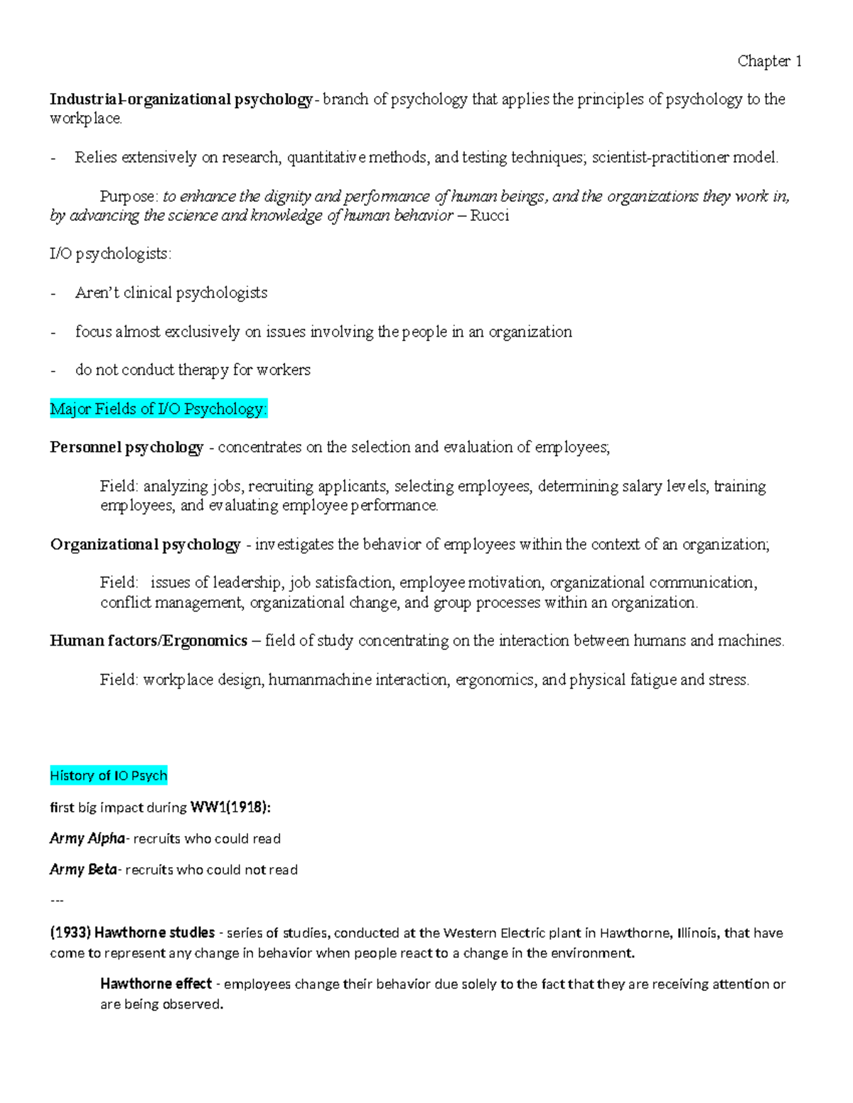 Industrial/Organizational Psych. Summary - Chapter 1 Industrial ...