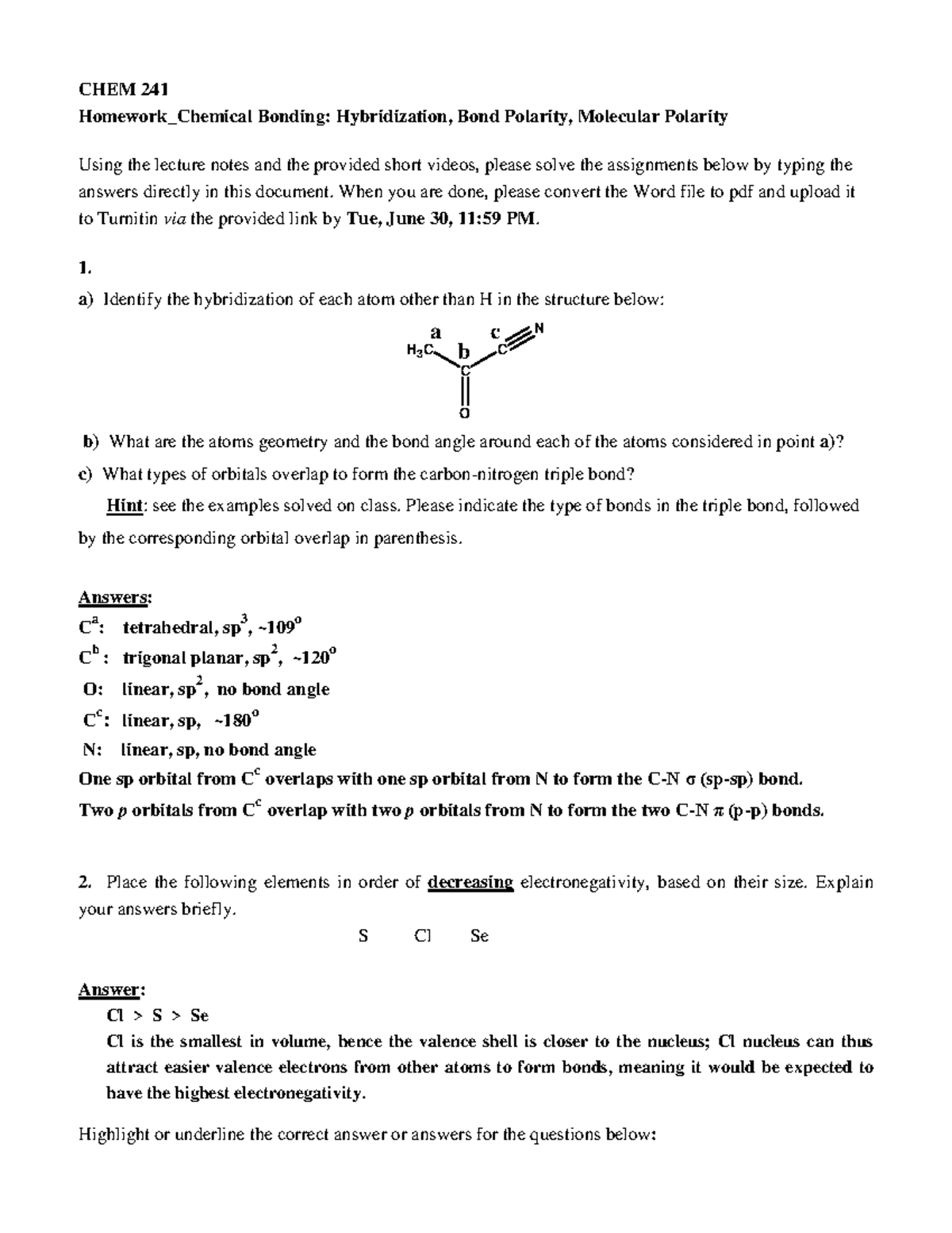 Chemical Bonding Answers Key - CHEM 241 Homework_Chemical Bonding ...
