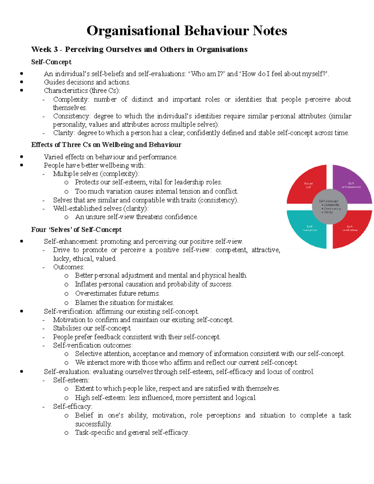 Organisational Behaviour Notes 3 - Week 3 - Perceiving Ourselves and ...