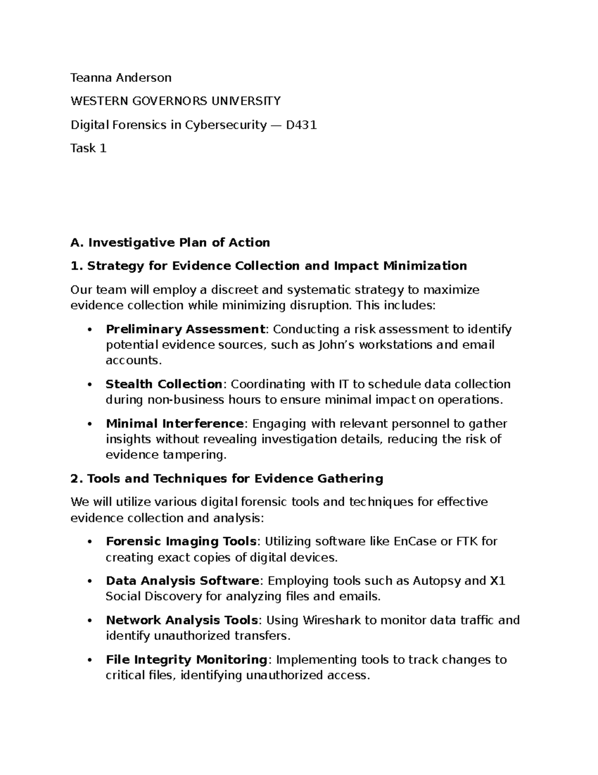 Task 1 Investigative Plan of Action - Teanna Anderson WESTERN GOVERNORS ...