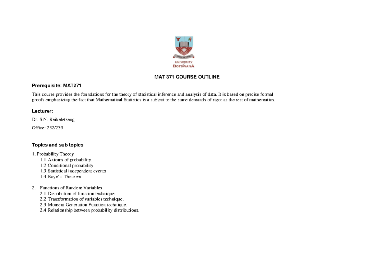 MAT 371 Course Outline - MAT 371 COURSE OUTLINE Prerequisite: MAT This ...