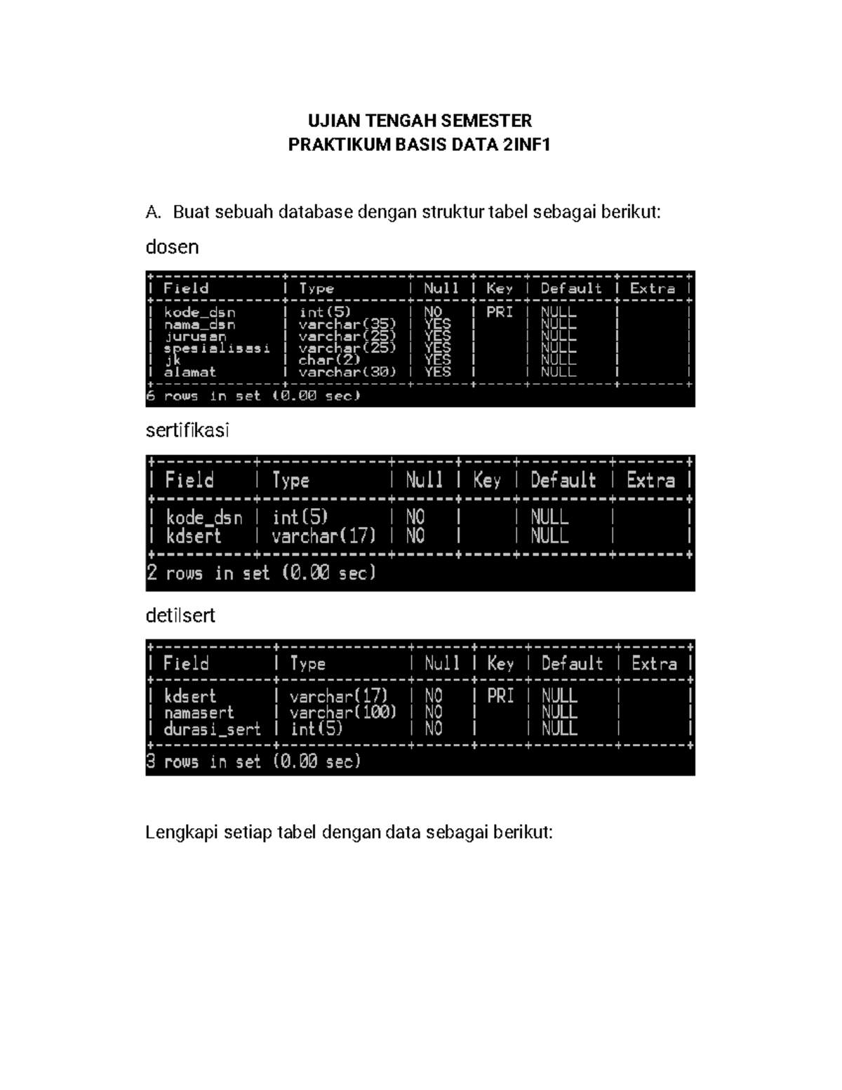 UTS-2INF1 - Dosen : SyukhriST., M.CIO - UJIAN TENGAH SEMESTER PRAKTIKUM BASIS DATA 2INF A. Buat ...