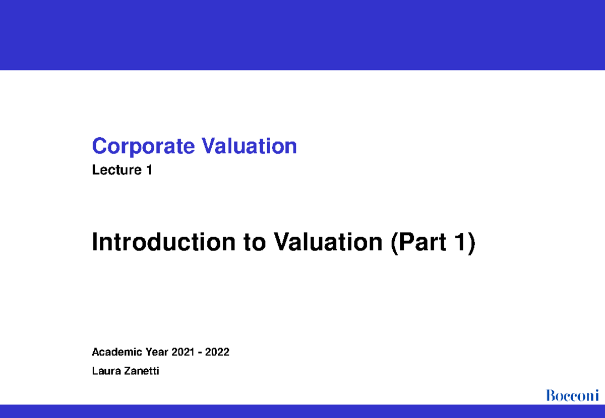 Lecture 1 Introduction - Corporate Valuation Academic Year 2021 - 2022 ...