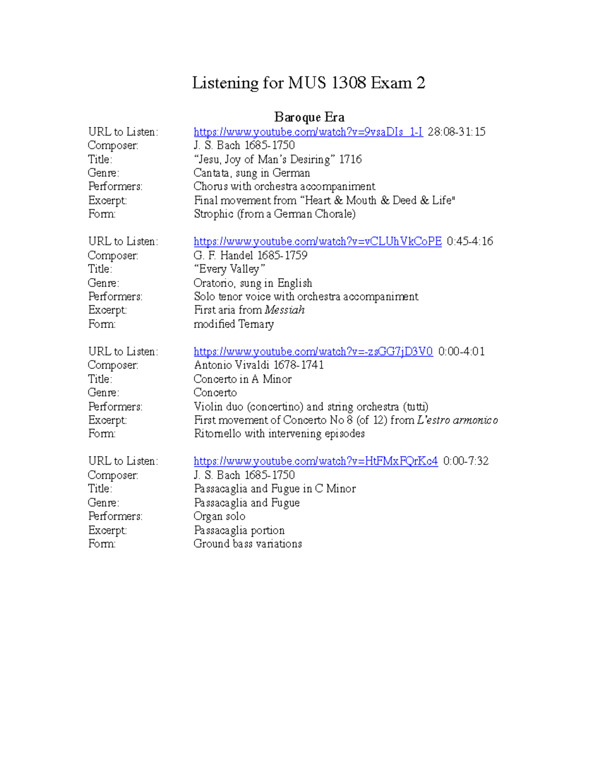 Baroque Classic Listening - Listening for MUS 1308 Exam 2 Baroque Era ...