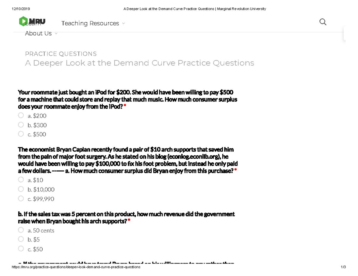 A Deeper Look at the Demand Curve Practice Questions Marginal ...