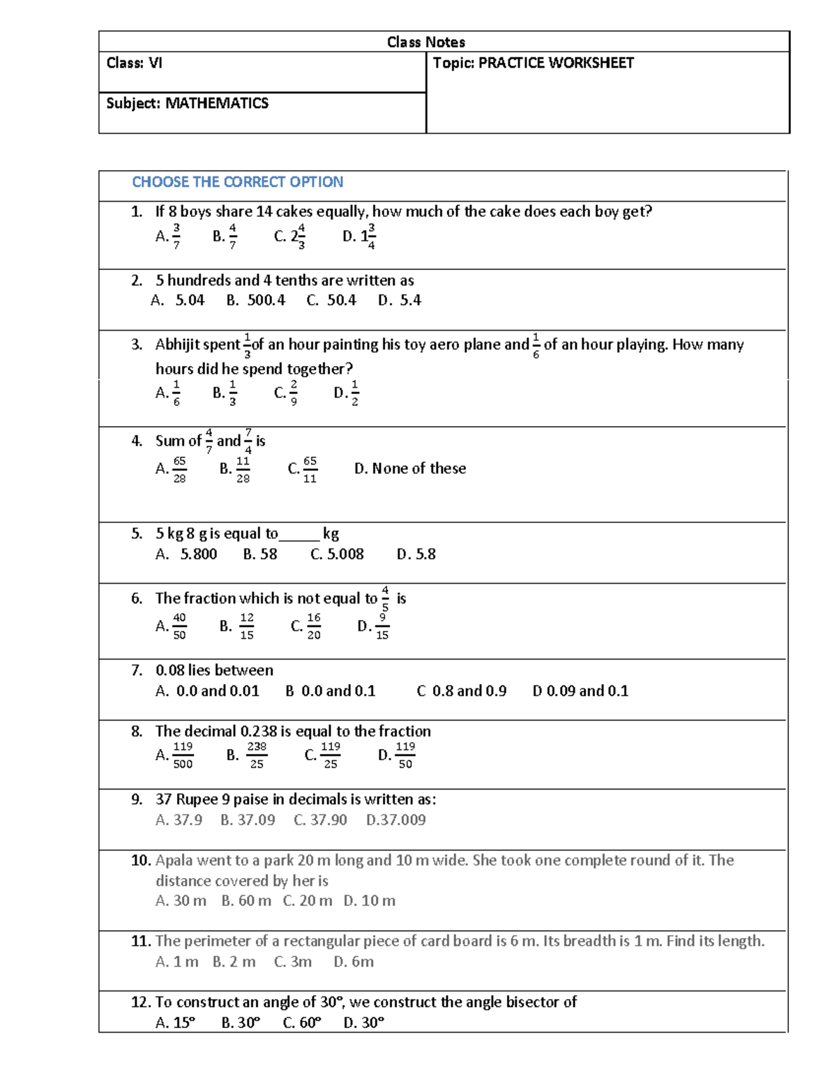 6-Math - math - Class Notes Class: VI Topic: PRACTICE WORKSHEET Subject ...