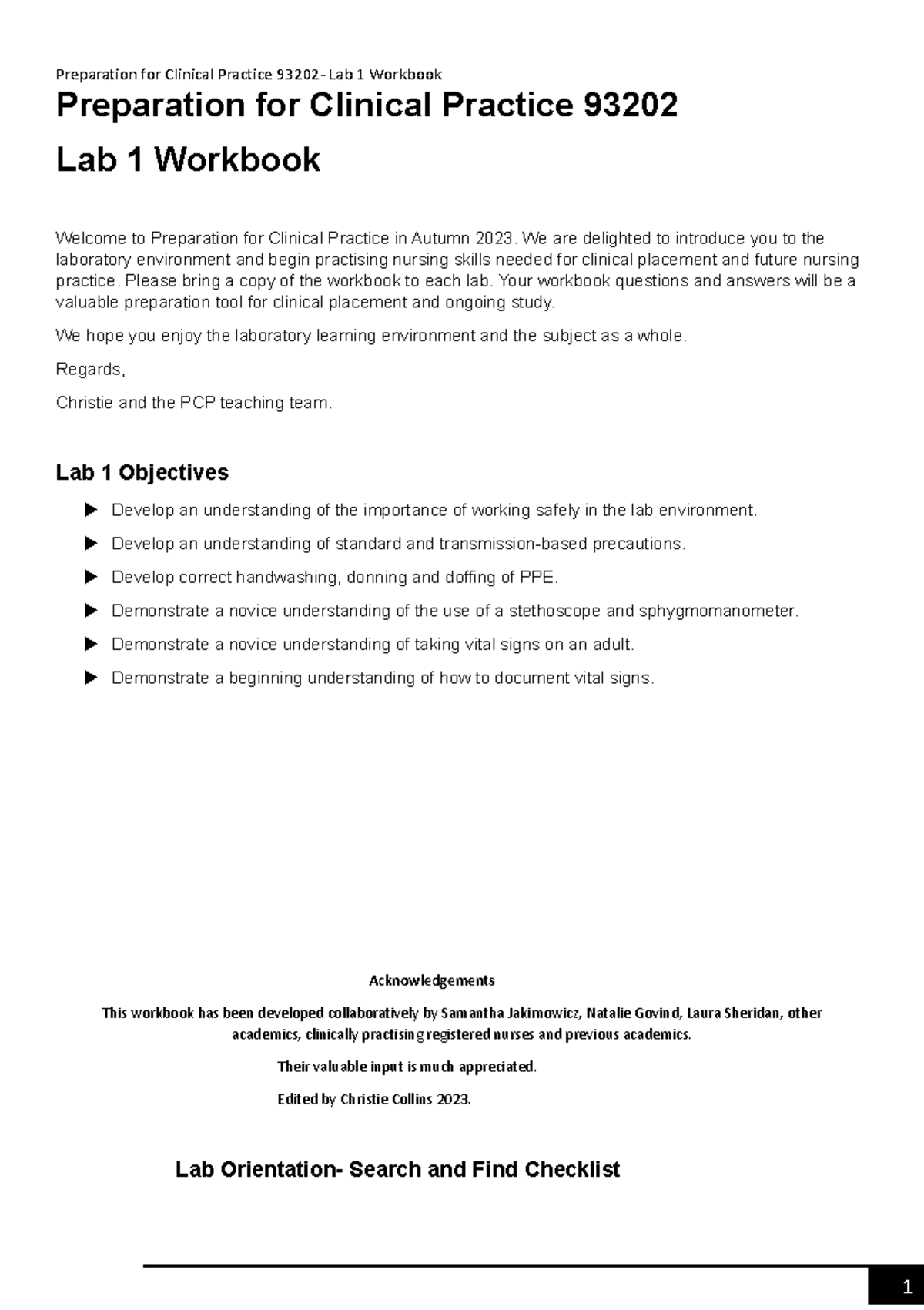 PCP AUT 2023 Lab 1 Workbook-1 - Preparation for Clinical Practice 93202 ...
