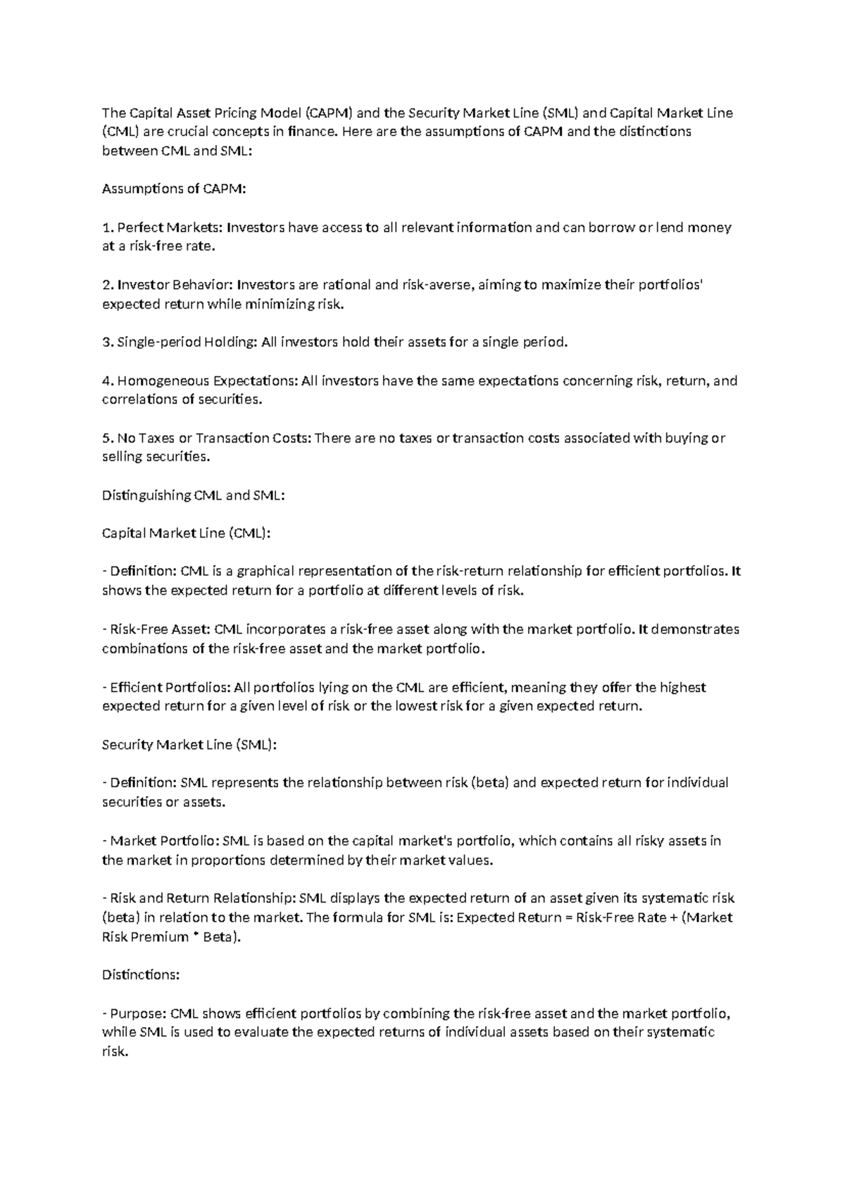 Capital Asset Pricing Model - Here are the assumptions of CAPM and the ...