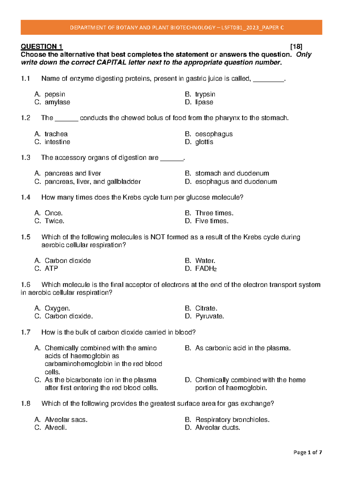 LSFT0B1 - LIFE SCIECES FOR FET TEACHERS(SUPP) - QUESTION 1 [18] Choose ...