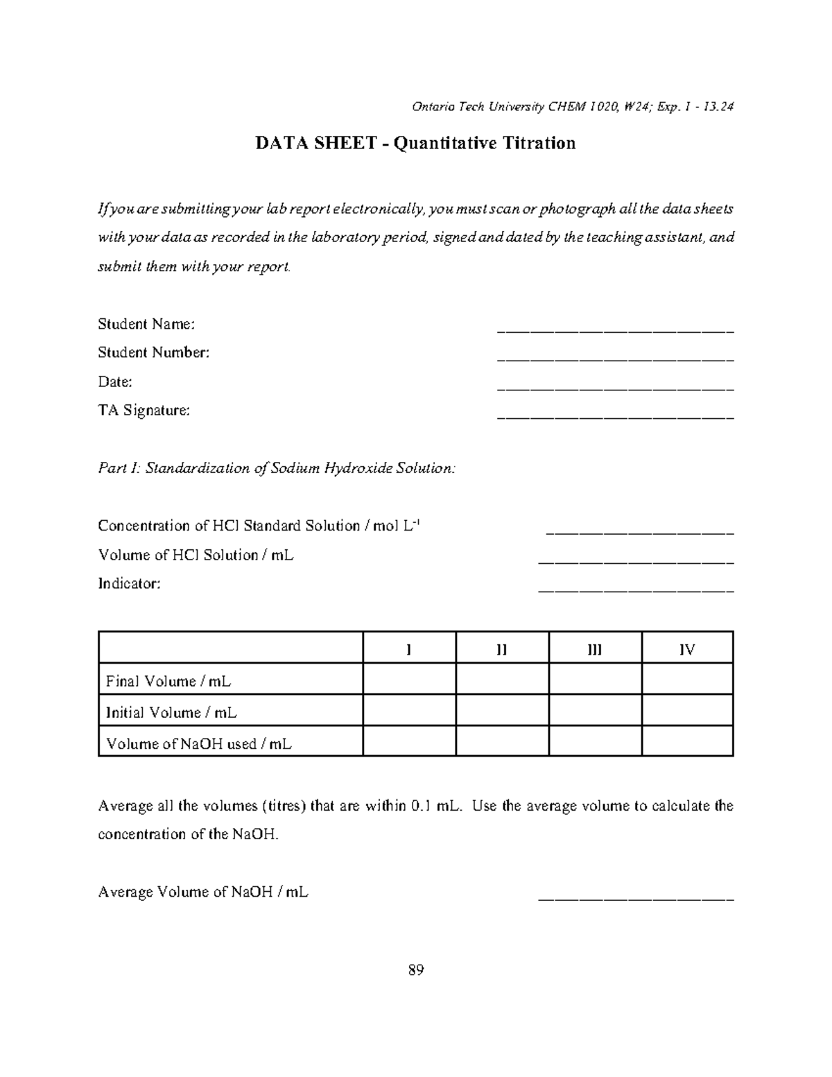 LAB 1 PART 2 - Lab1 - Ontario Tech University CHEM 1020, W24; Exp. 1 - 13. DATA SHEET ...