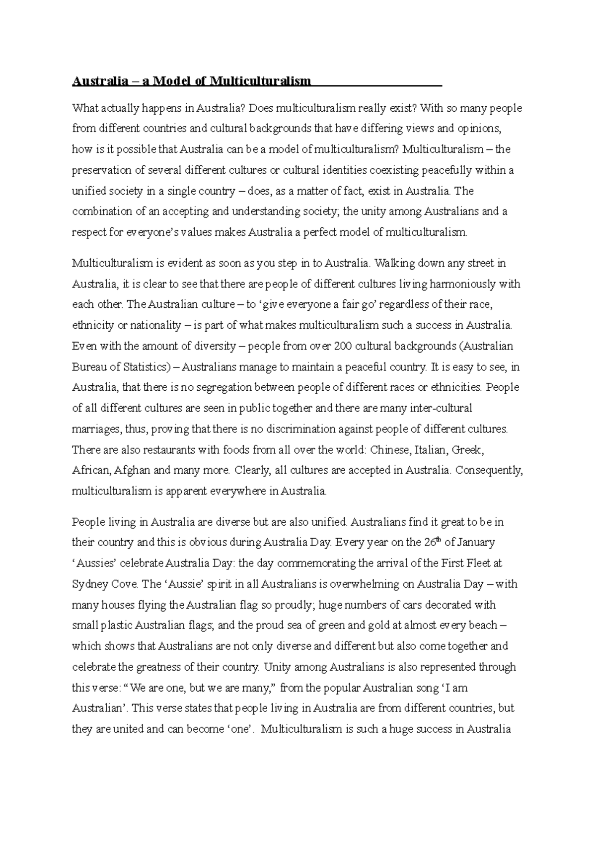 Australia - A Model of Multiculturalism - Australia – a Model of ...