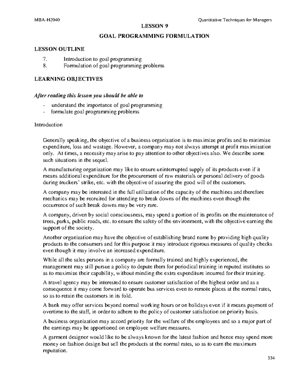 Unit Four Lesson Nine Introduction to Operations Research and Linear Programming - LESSON 9 GOAL ...