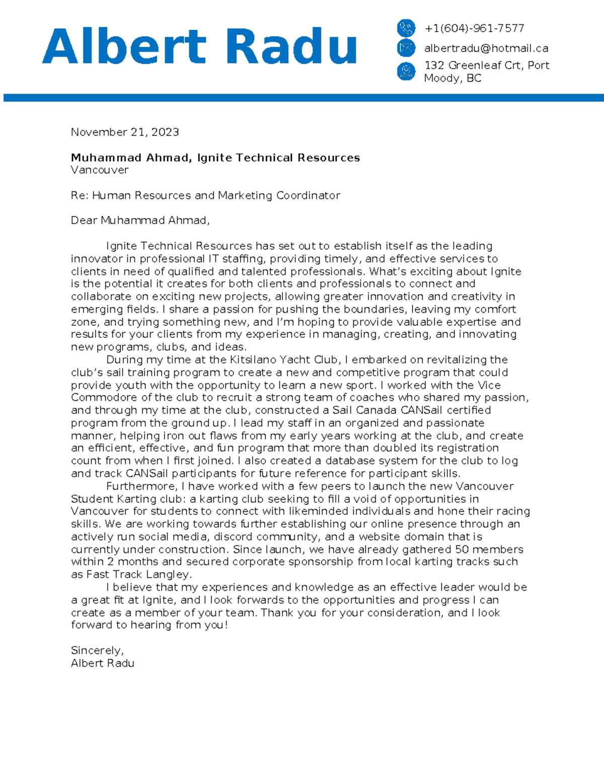 Cover Letter Example - November 21, 2023 Muhammad Ahmad, Ignite ...