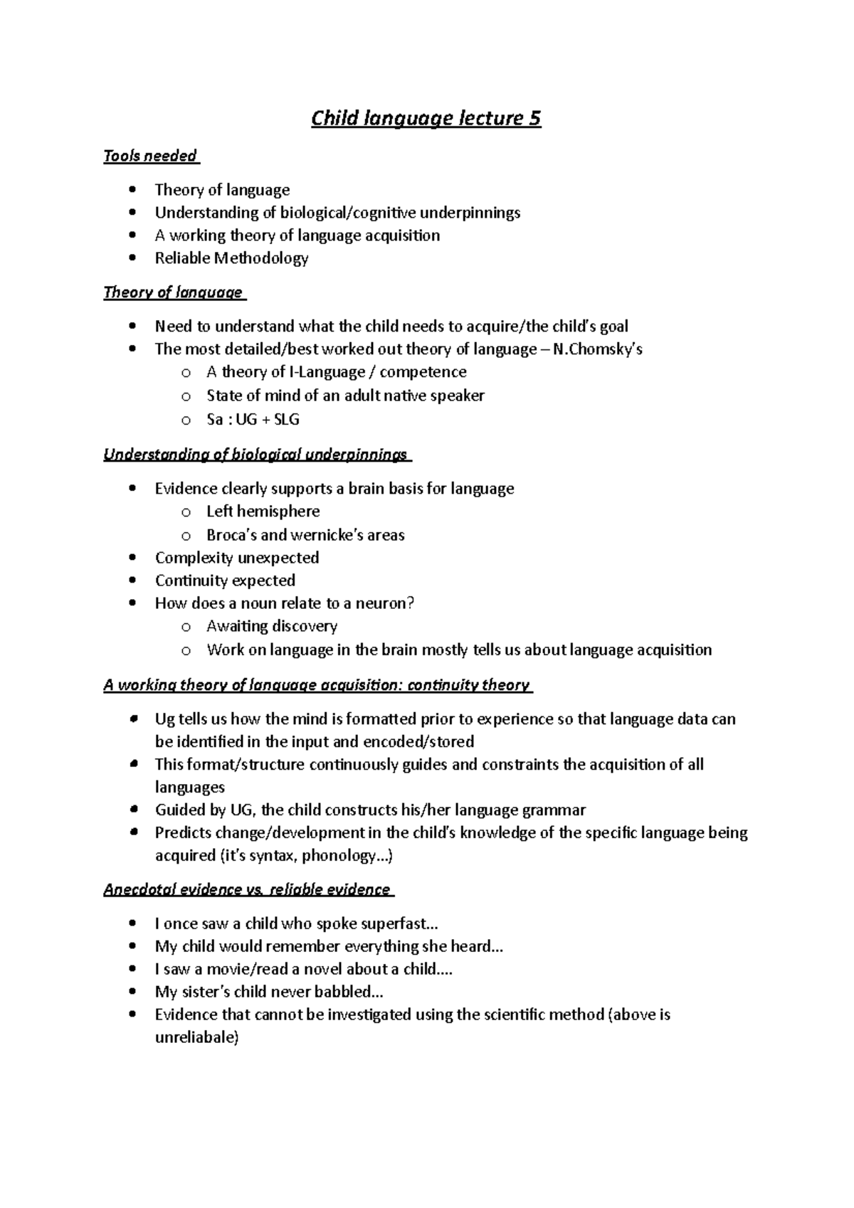 Lecture 5 - theory of language - Child language lecture 5 Tools needed ...
