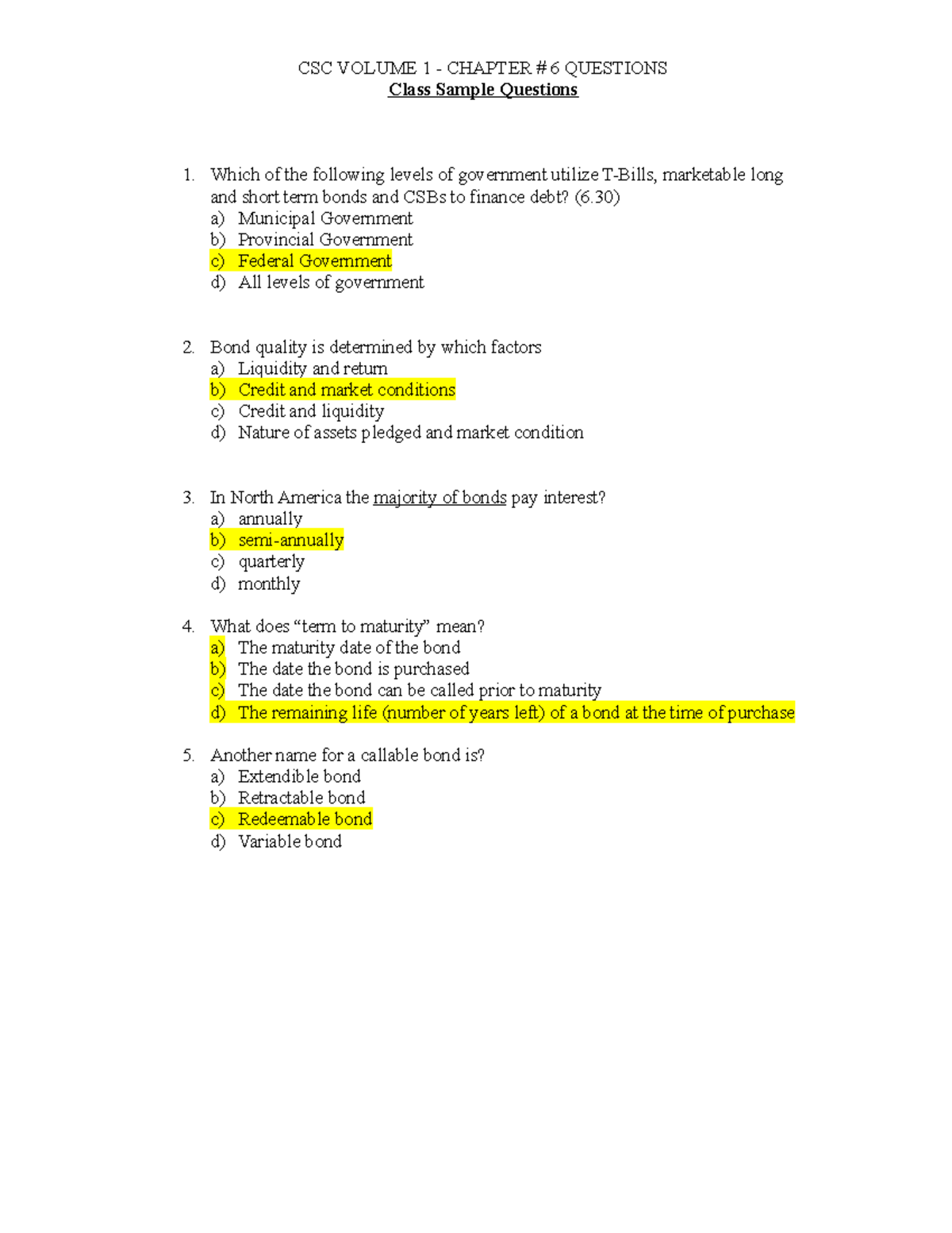 Csc I Fina 739 Class Exercise Chapter 6 Class Sample Questions Csc Volume 1 Chapter 6
