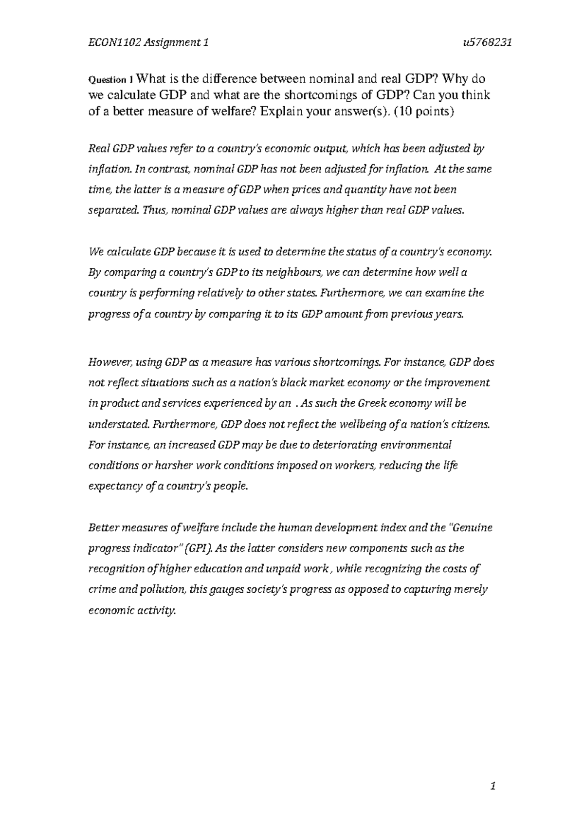 ECON1102 assignment 1 - ECON1102 Assignment 1 u5768231 Question 1 What ...