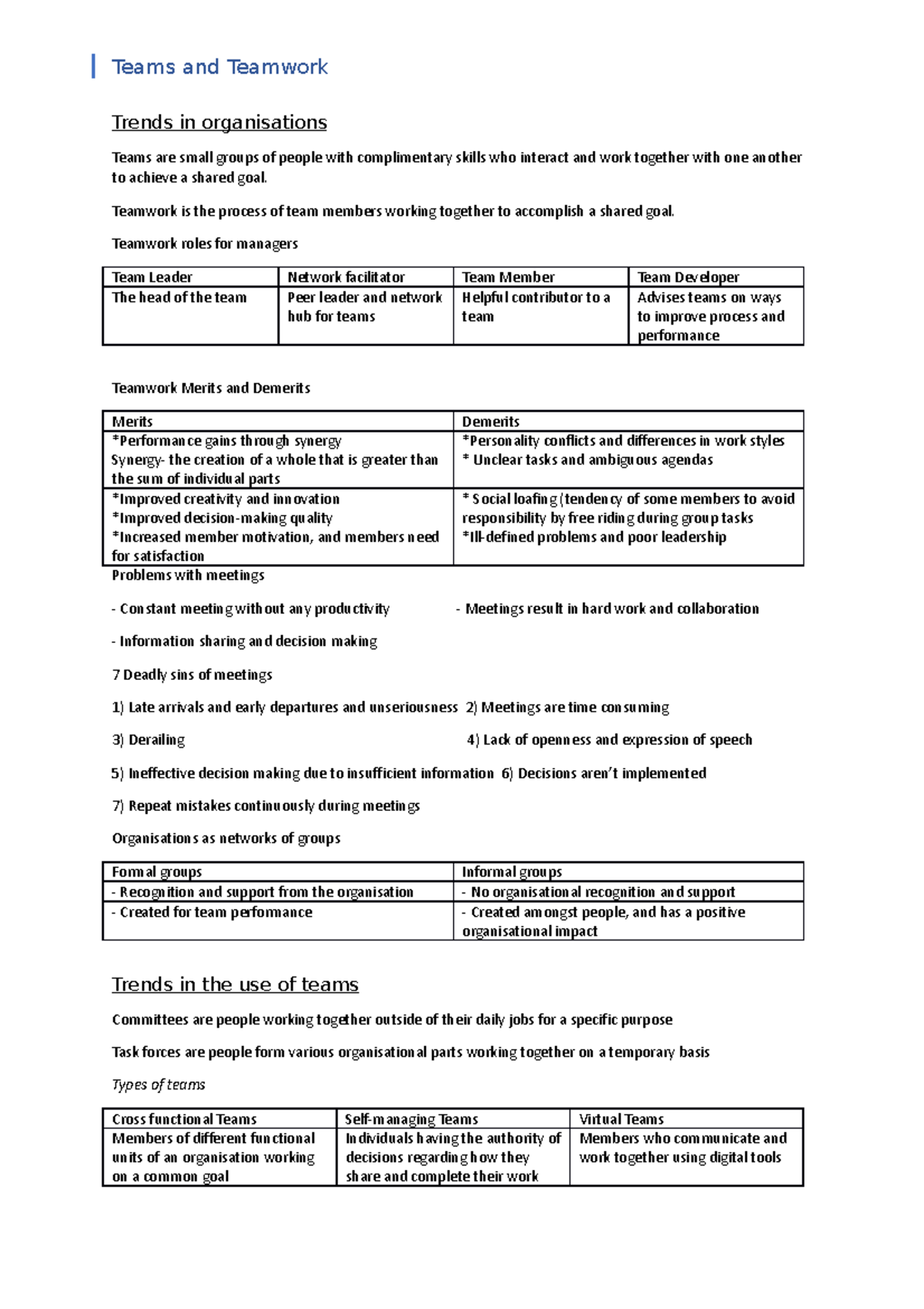 COM100 Chapter 17 Teams and Teamwork - Trends in organisations Teams are small groups of people ...