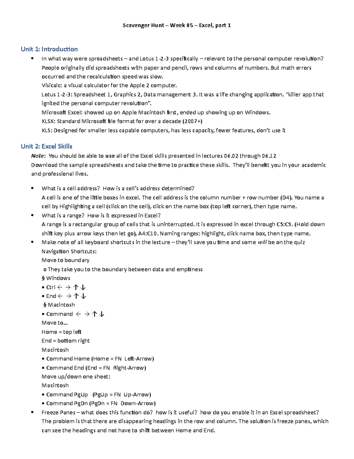 Scavenger Hunt 05-Excel Part 1 Lecture notes - Scavenger Hunt – Week 05 ...