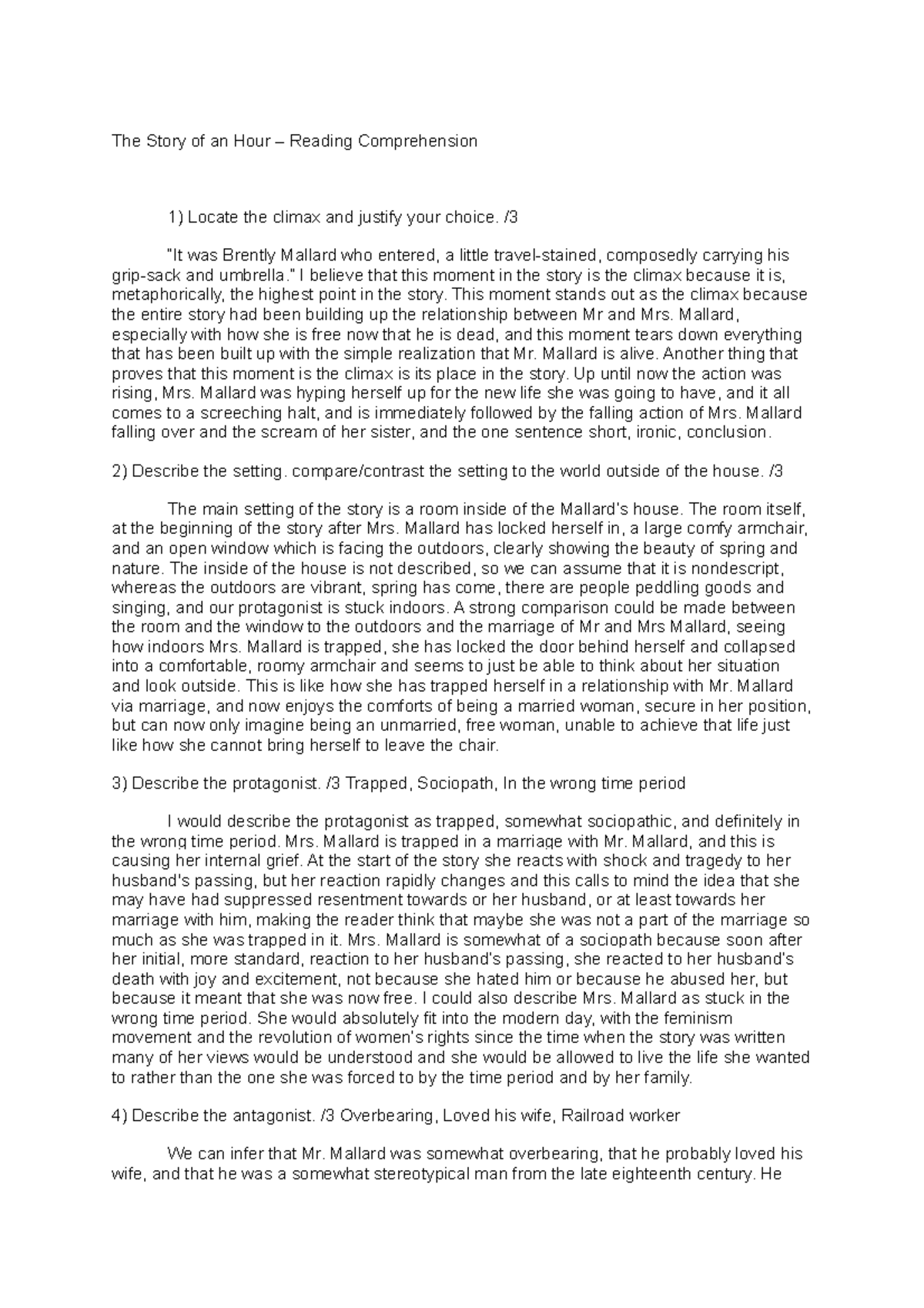 The Story of an Hour – Reading Comprehension - The Story of an Hour ...