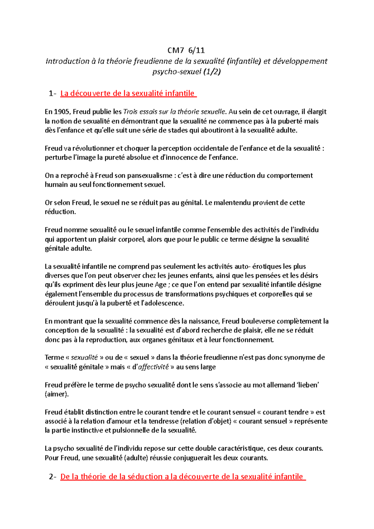 CM7 - cours - CM7 6/ Introduction à la théorie freudienne de la ...