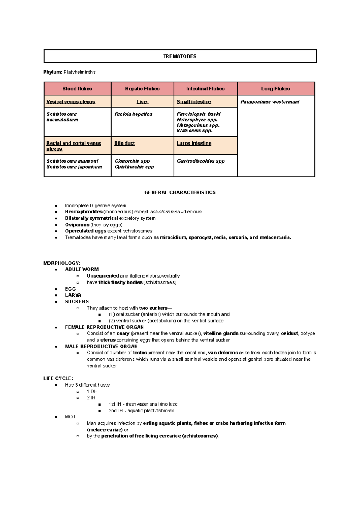 Tremaaa - Notes - TREMATODES Phylum: Platyhelminths Blood flukes ...