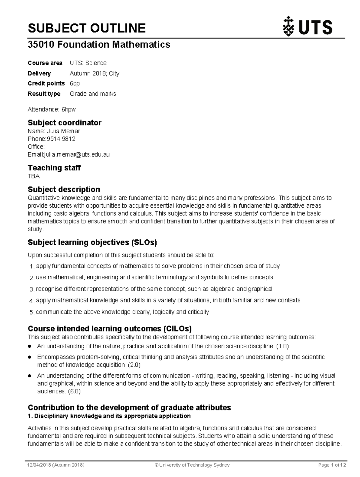 Foundation Mathematics Autumn 2018 Subject Outline - SUBJECT OUTLINE ...