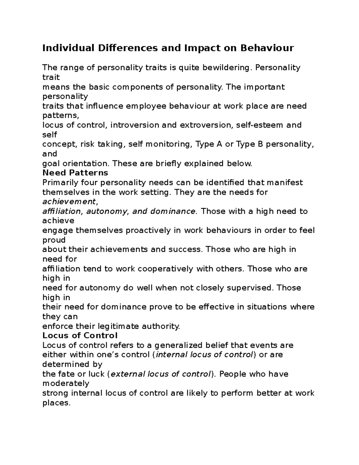 Individual Differences and Impact on Behaviour - Personality trait ...