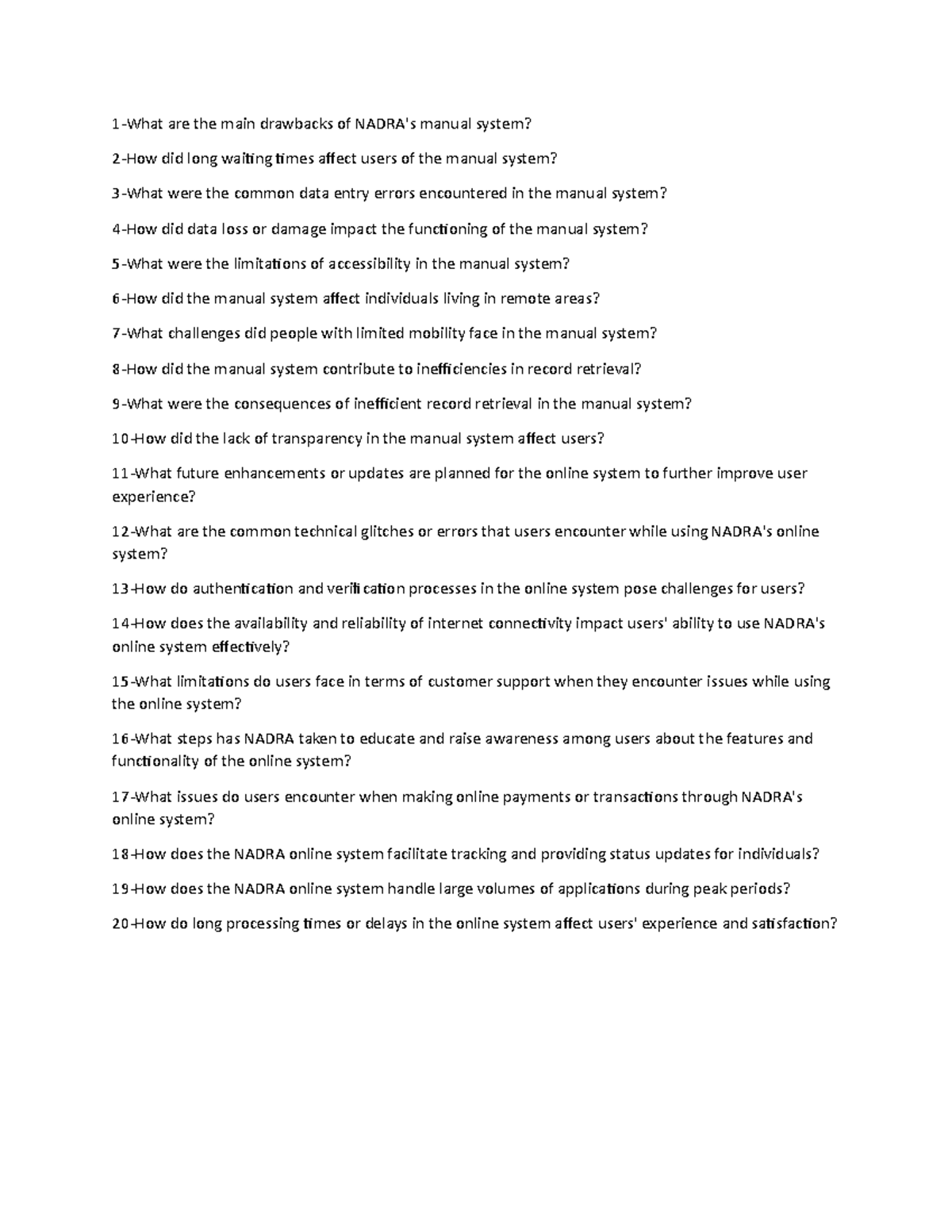 Questions - 1-What are the main drawbacks of NADRA's manual system? 2 ...