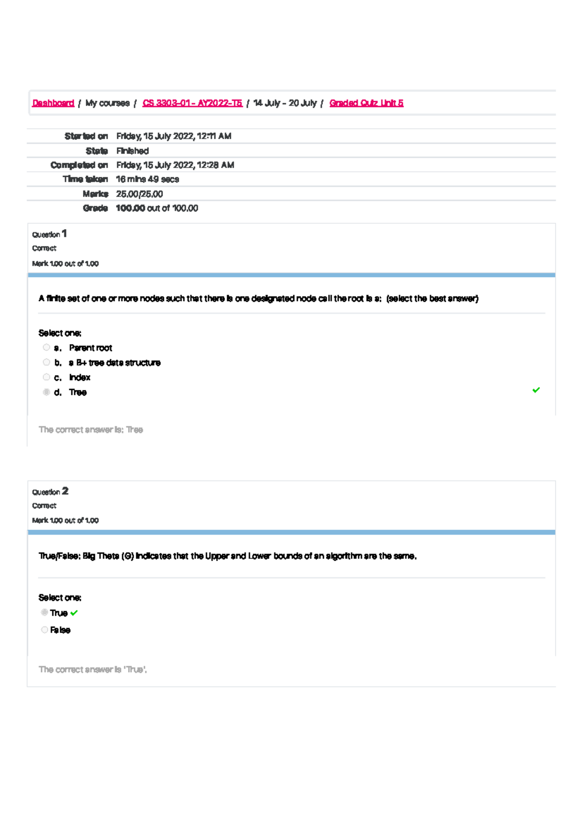 Graded Quiz Unit 5 Attempt review - Started on Friday, 15 July 2022, 12 ...