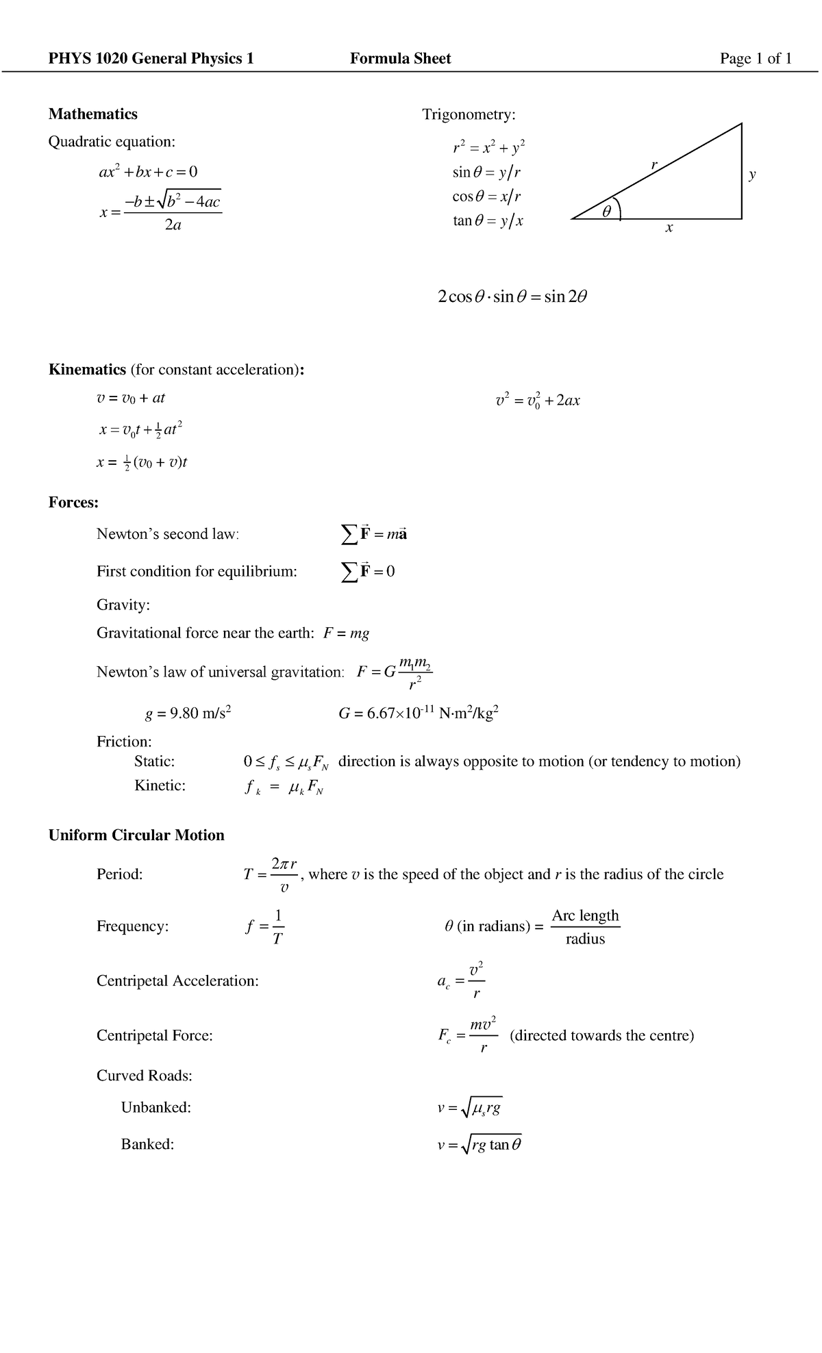 Formula sheet MT October 17 2023 - PHYS 1020 General Physics 1 Formula Sheet Page 1 of 1 ...