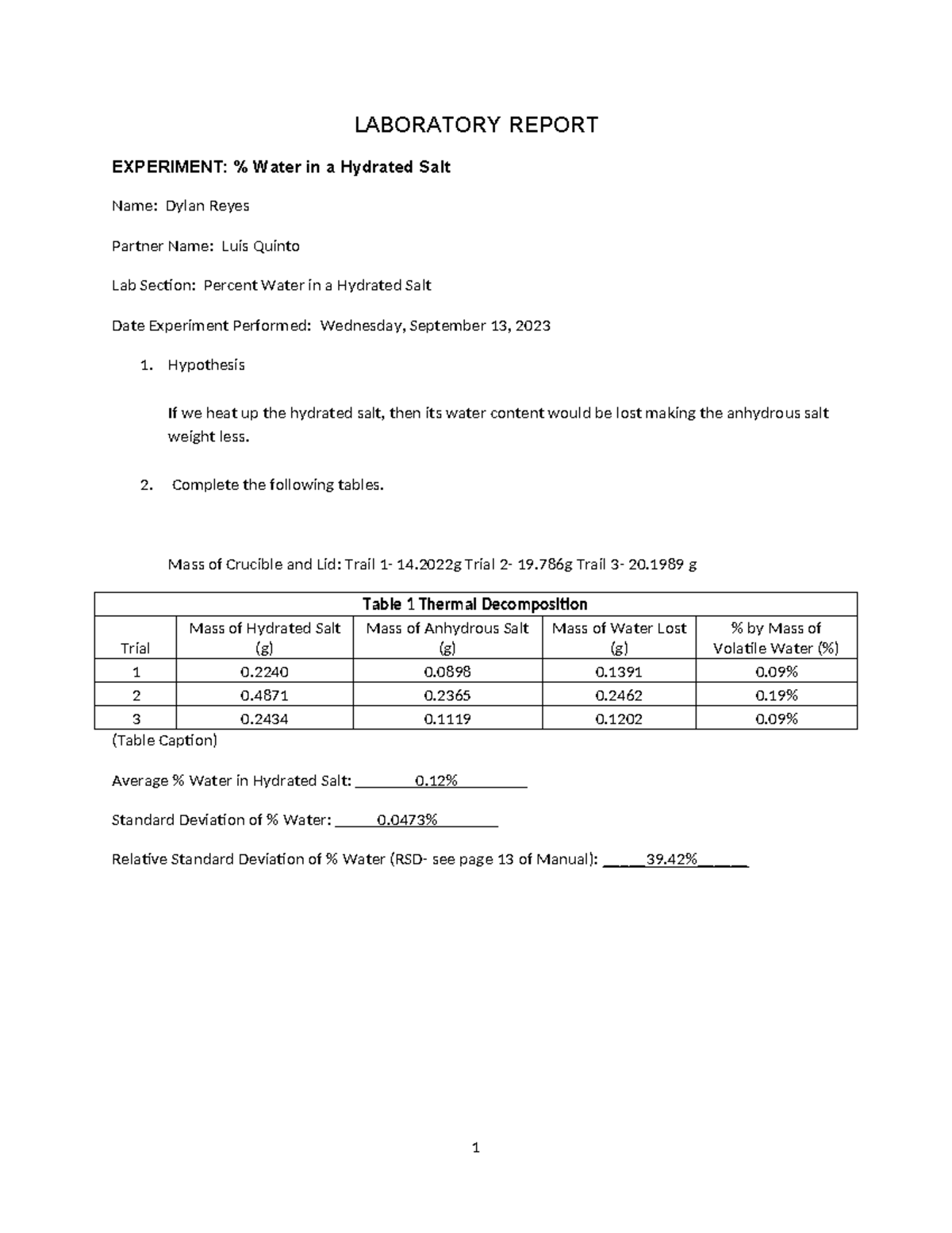 Exp 5 Percent Water in a Hydrated Salt - LABORATORY REPORT EXPERIMENT ...