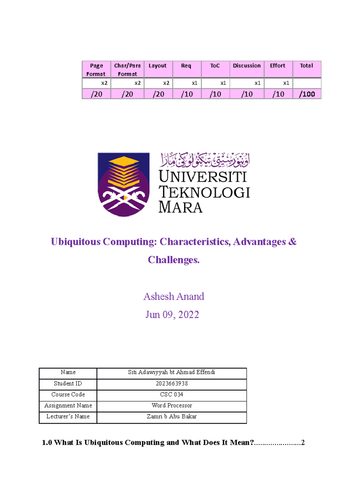 2023663938 Assignment 1 - Ubiquitous Computing: Characteristics, Advantages & Challenges. Ashesh ...
