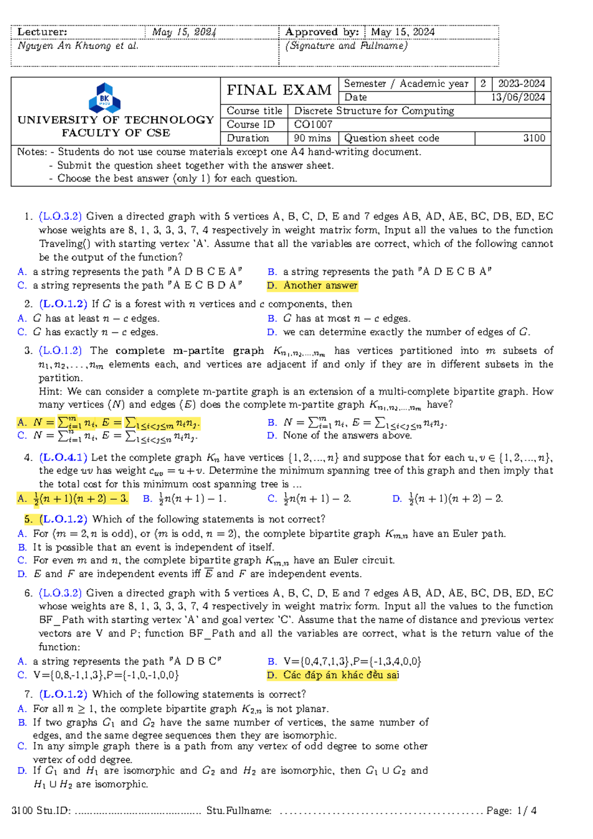 2024 Hcmut Final HK232 CO1007 CTRR ENG with keys - Lecturer: May 15 ...