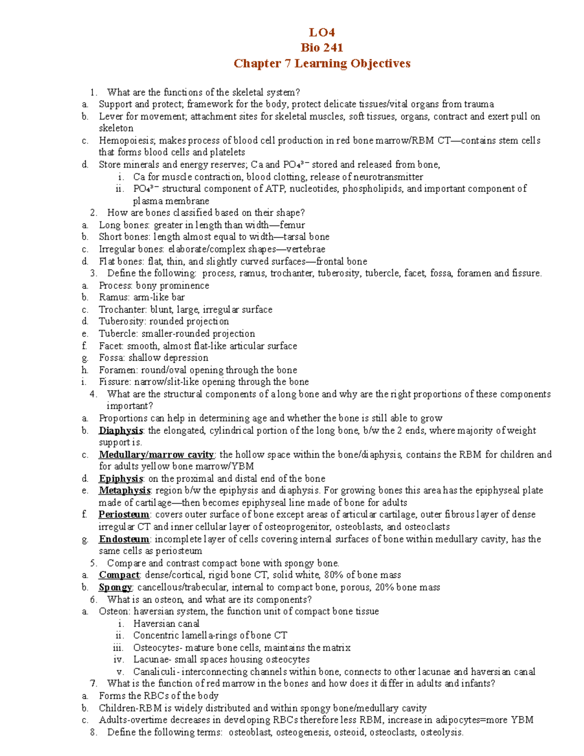 ANP LO 4 - Summary Human Anatomy And Physiology I - LO Bio 241 Chapter 7 Learning Objectives ...