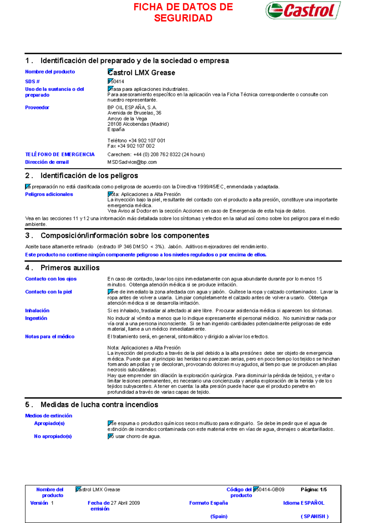 Castrol LMX Grease - FICHA DE DATOS DE SEGURIDAD 1. Identificación del ...