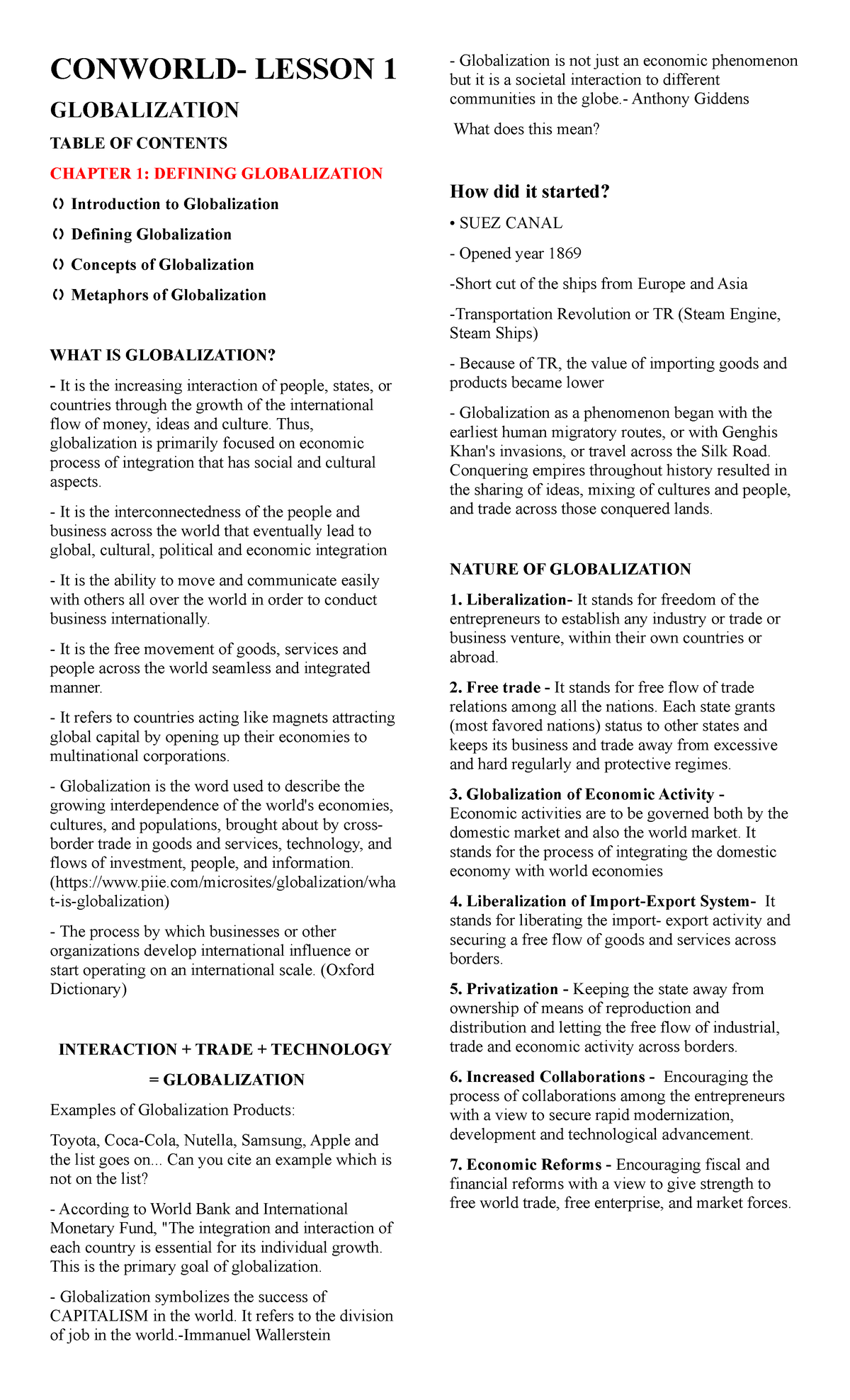 Conworld- Lesson 1 - n/a - CONWORLD- LESSON 1 GLOBALIZATION TABLE OF CONTENTS CHAPTER 1 ...