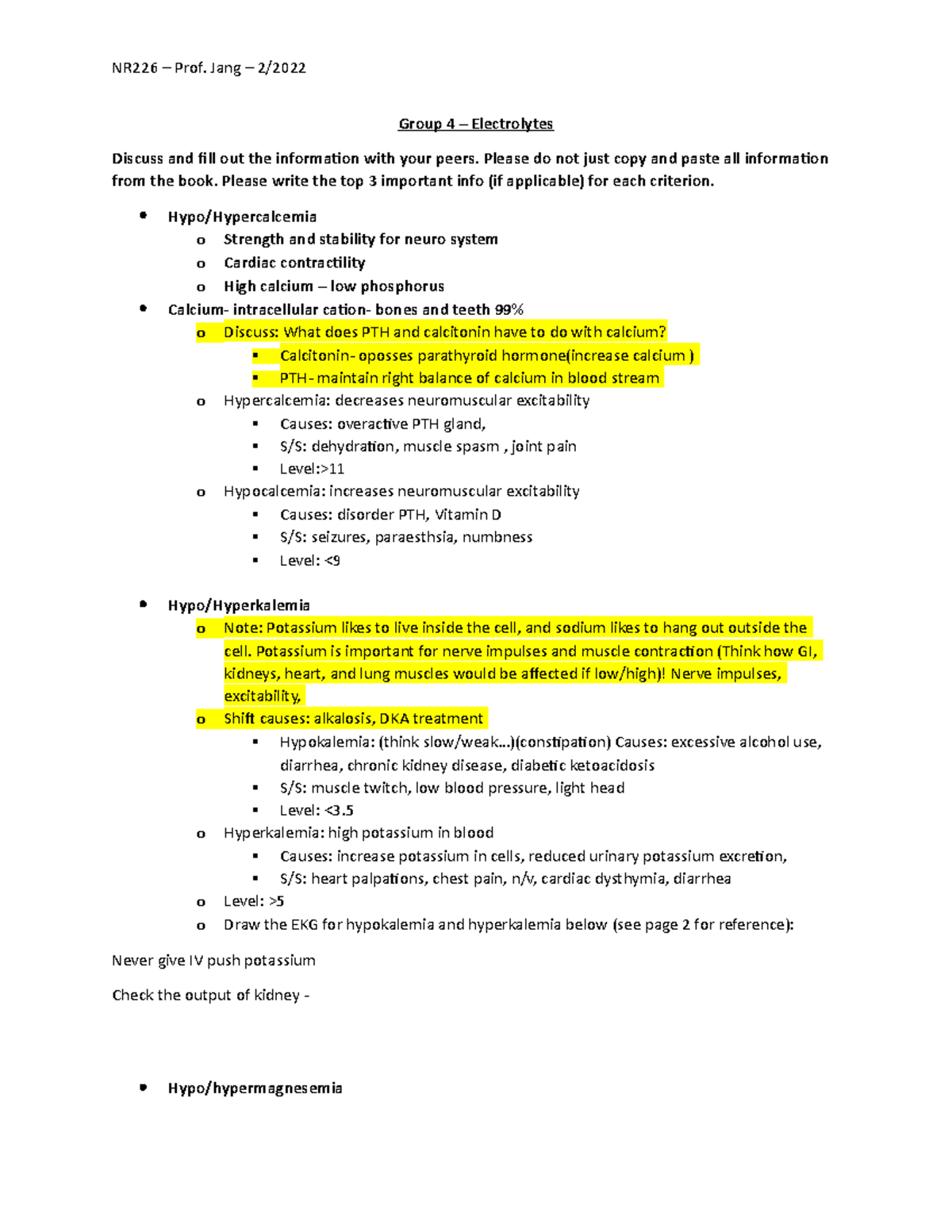 Group 4 - Electrolytes - Lecture notes - NR226 – Prof. Jang – 2/ Group ...