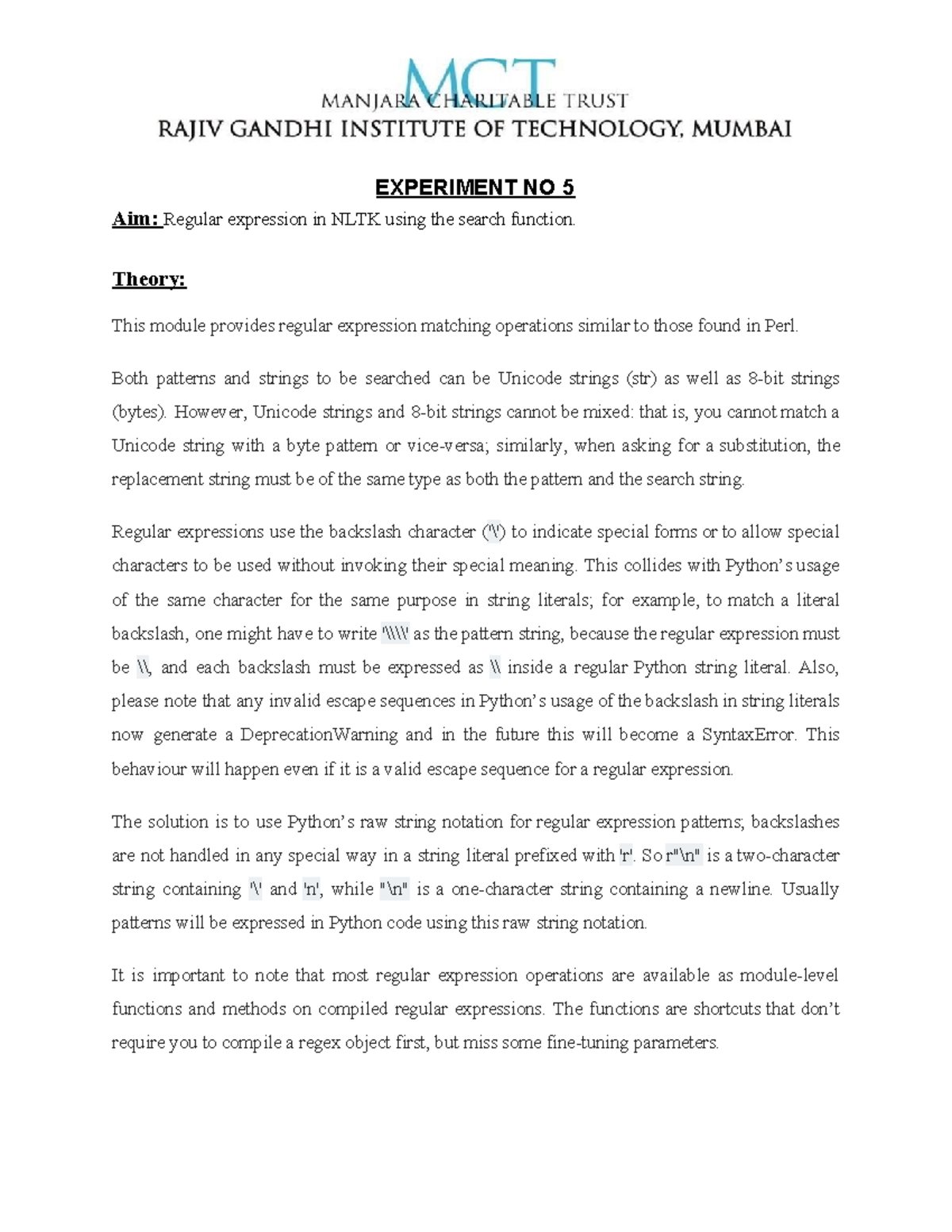 Nlp 5 Nlp Experiment No 5 Aim Regular Expression In Nltk Using The Search Function Theory