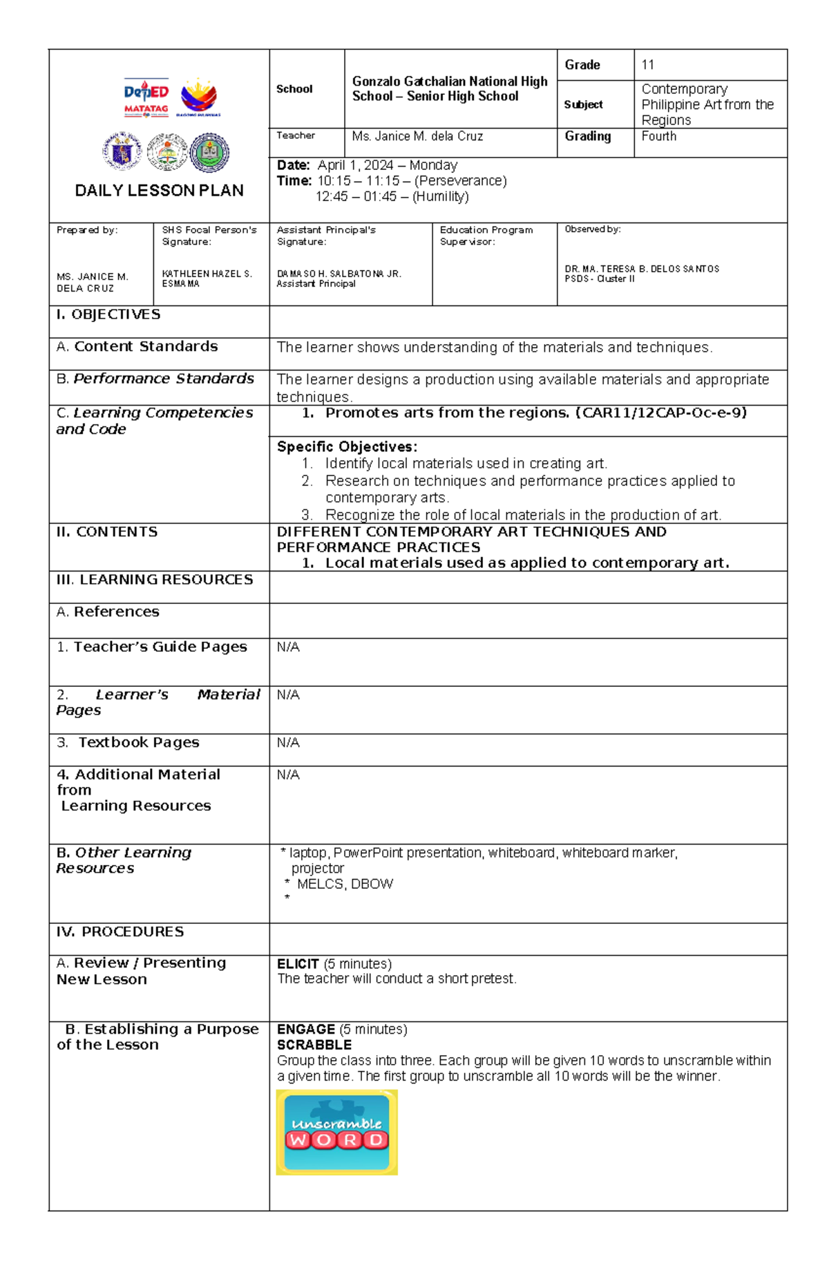 April 1 - Daily Lesson Plan - DAILY LESSON PLAN School Gonzalo ...