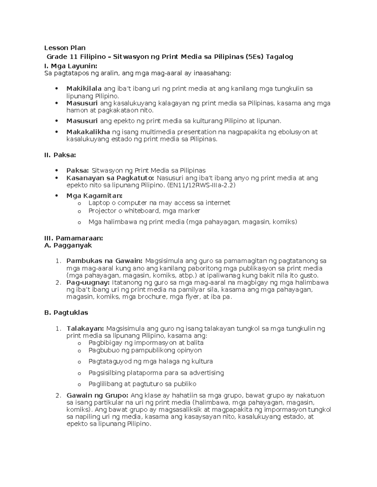 Lesson Plan KMP OC - Lesson Plan Grade 11 Filipino – Sitwasyon ng Print ...