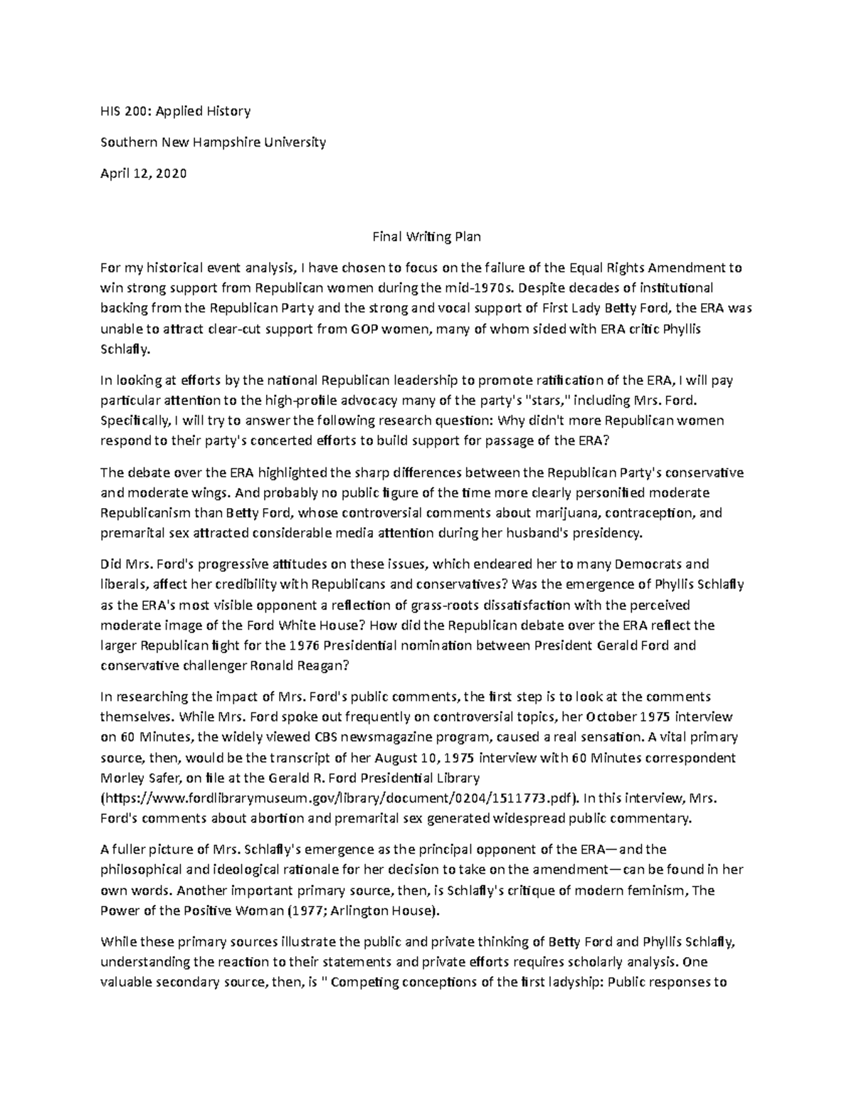 Final Writing Plan Sample - HIS 200: Applied History Southern New ...