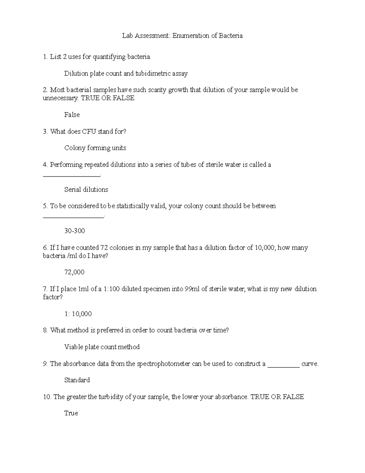 Lab Assessment - Enumeration of Bacteria - Lab Assessment: Enumeration ...
