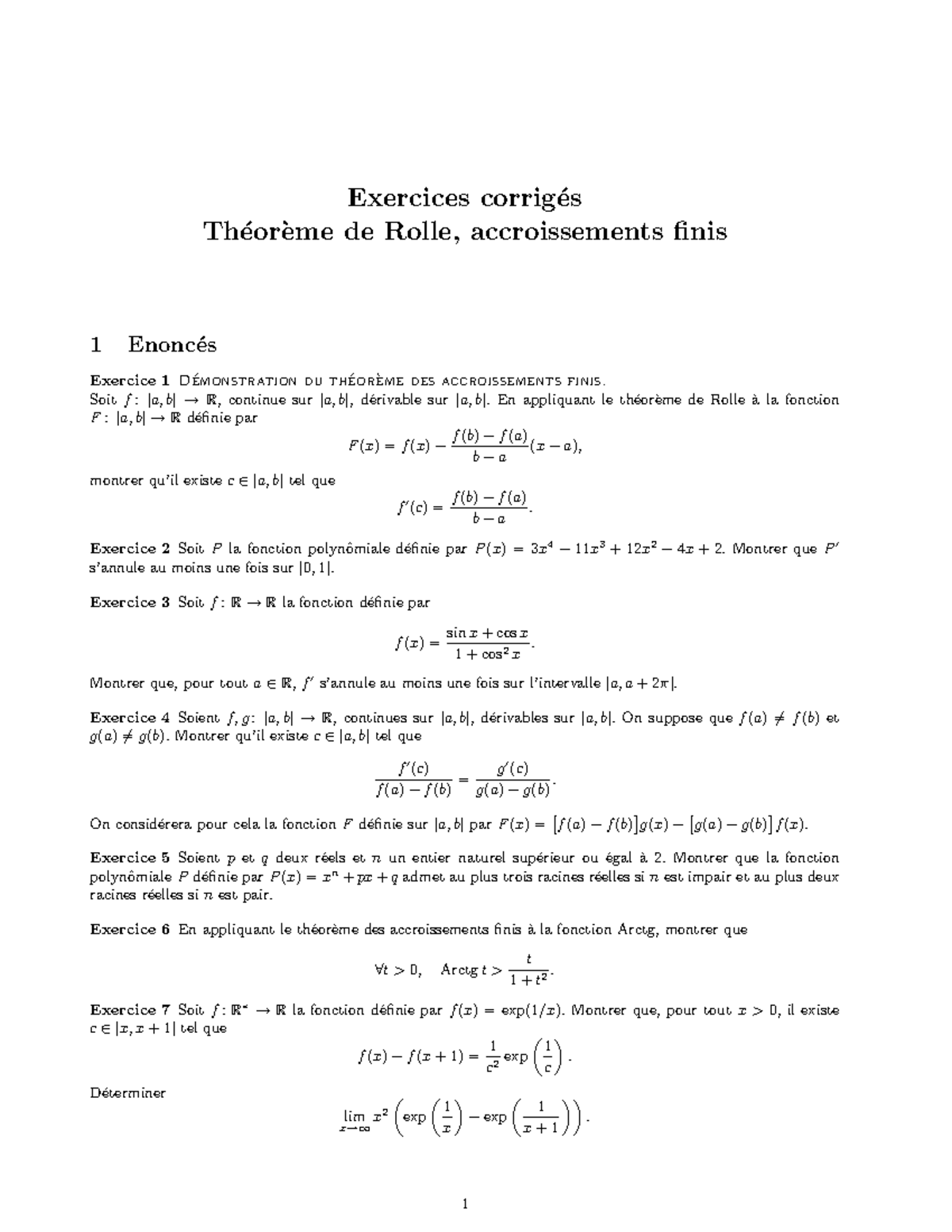 4 5825825371236337874 - Exercices corrig ́es Th ́eor`eme de Rolle ...