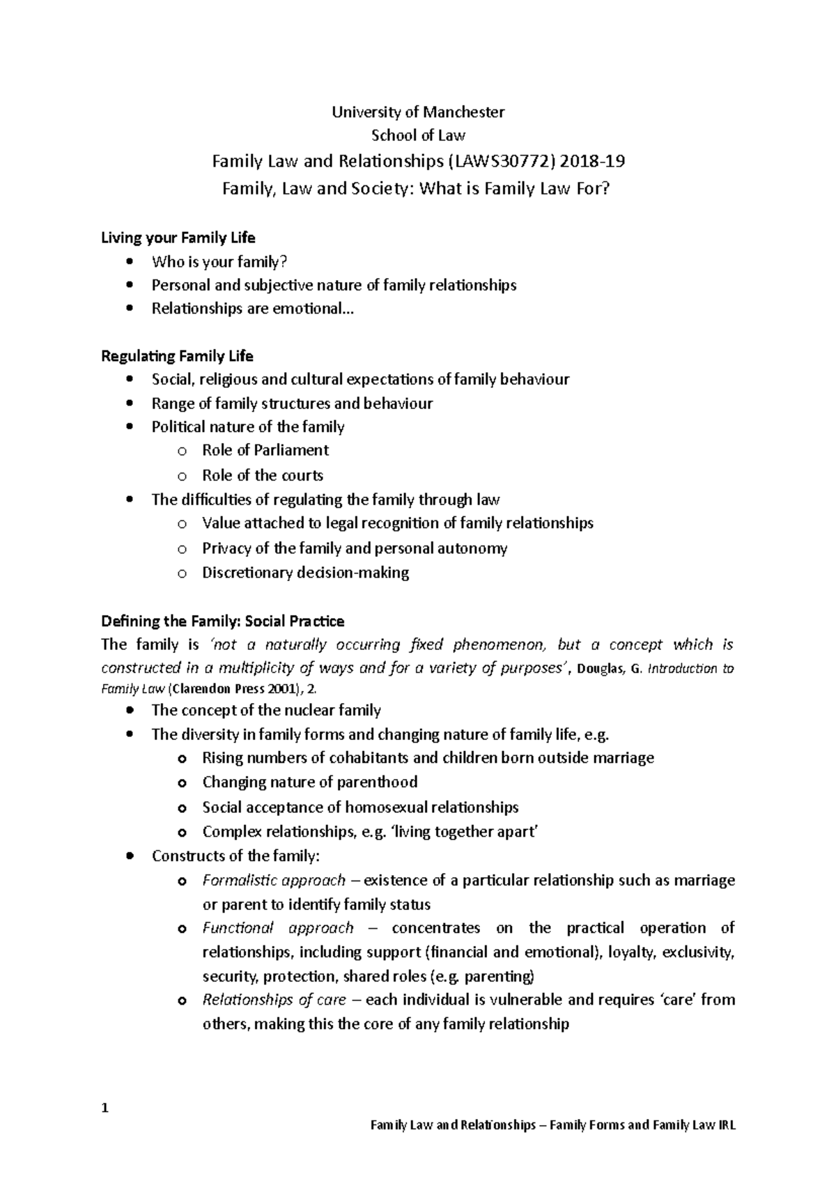 Family Forms and Law Handout 2018 19 - University of Manchester School ...