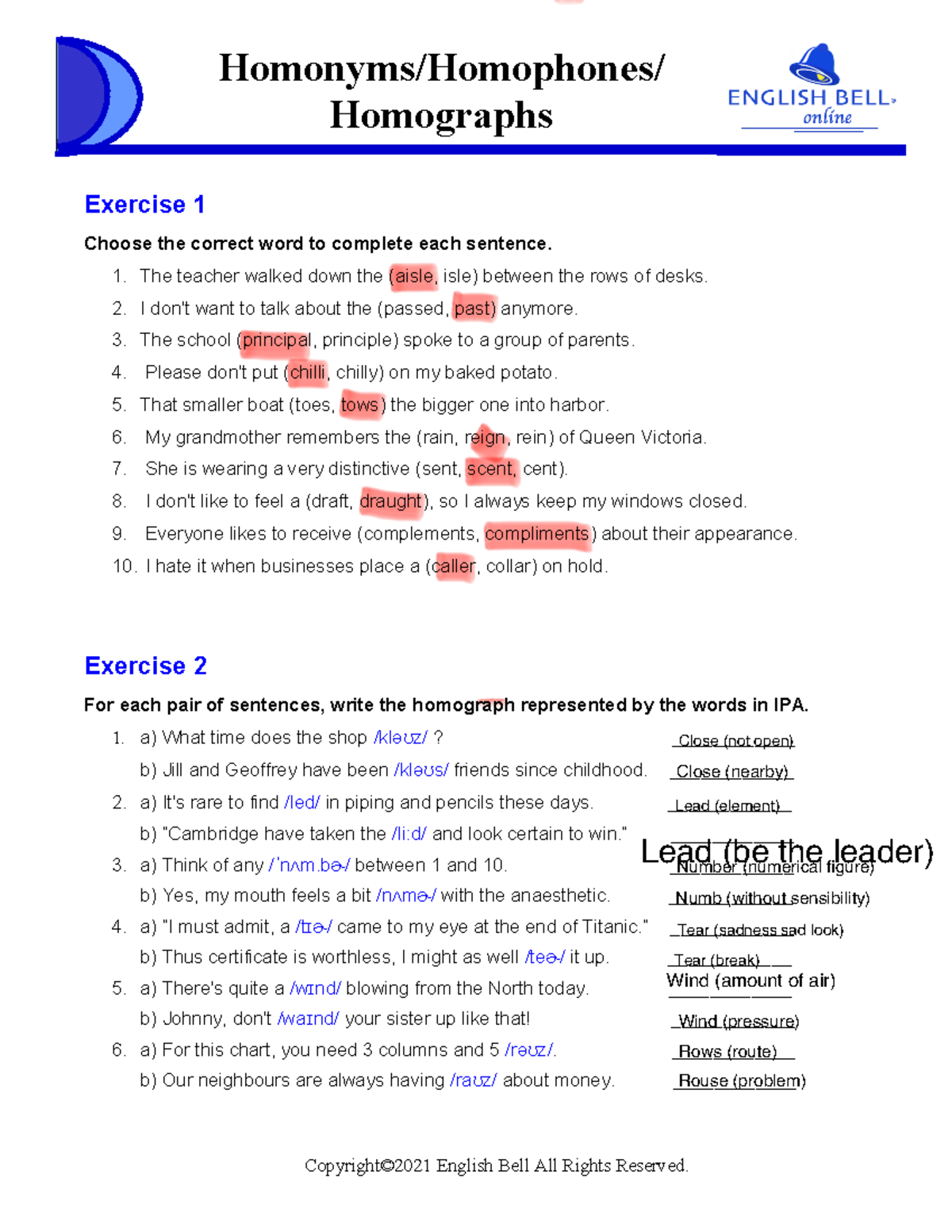 11 Homonyms, Homographs, Homophones - Exercise 1 Choose the correct ...