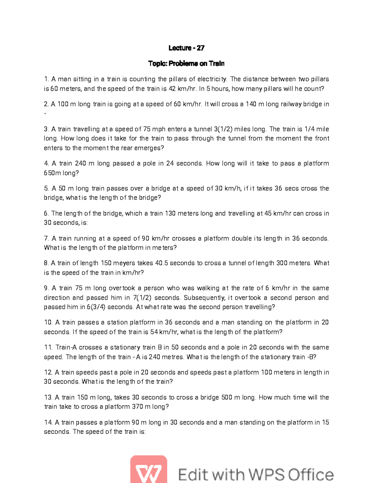 Lecture - 27 - Lecture - 27 Topic: Problems on Train A man sitting in a ...