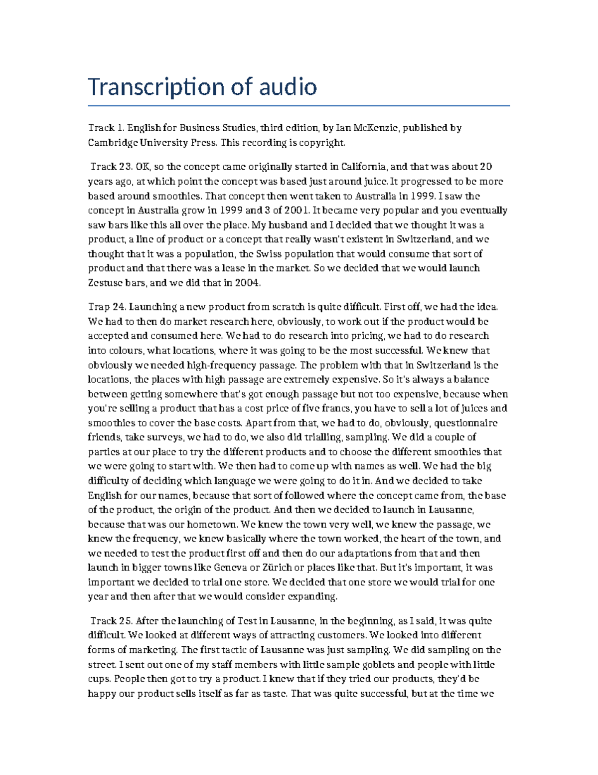 Audio transcription - script listening - Transcription of audio Track 1 ...