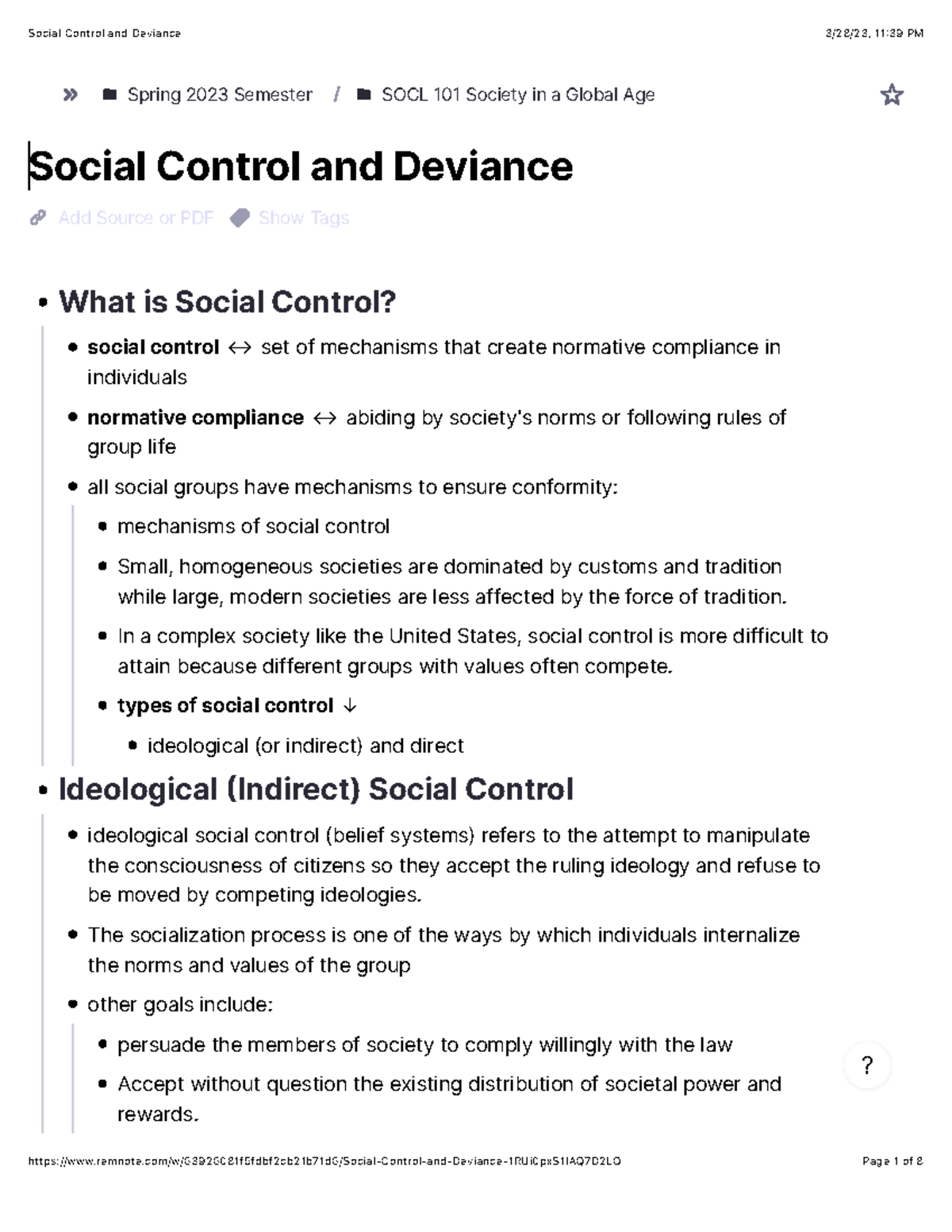 Social Control and Deviance - Spring 2023 Semester SOCL 101 Society in ...