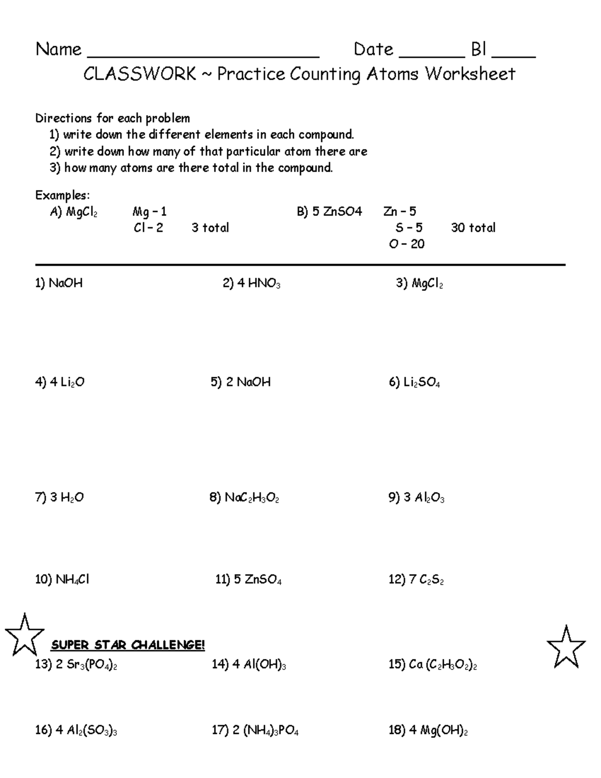 Counting Atoms Worksheet 2 - Name _____________________ Date ______ Bl ...